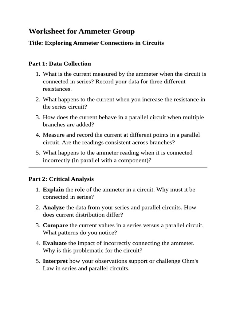 Worksheet for Ammeter Group | PDF