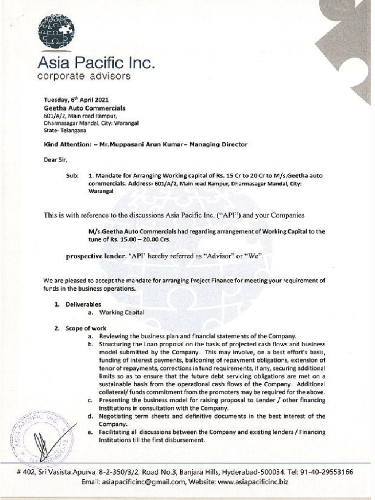 API - Mandate - Geeta Auto Commercials Mandate | PDF