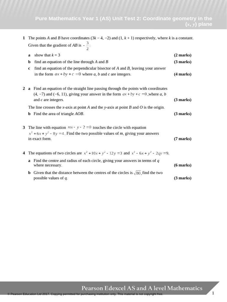 AS Pure Mathematics: Coordinate Geometry Test | PDF | Circle | Equations