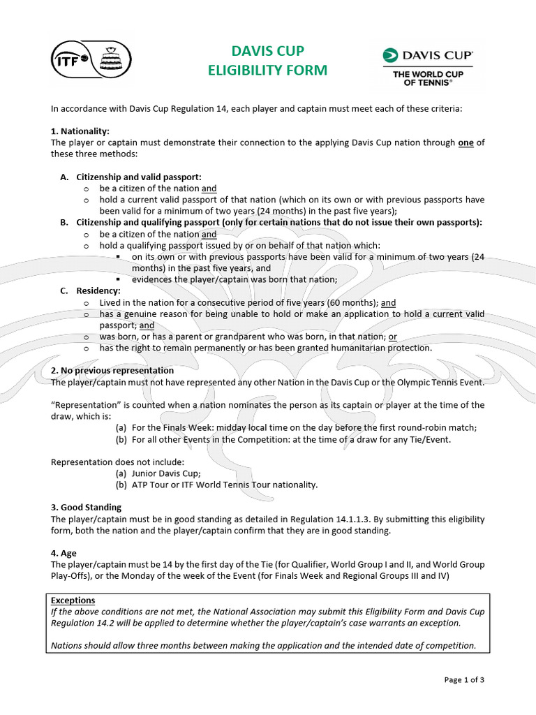 Davis Cup Player Eligibility Form | PDF | Passport | Nationality