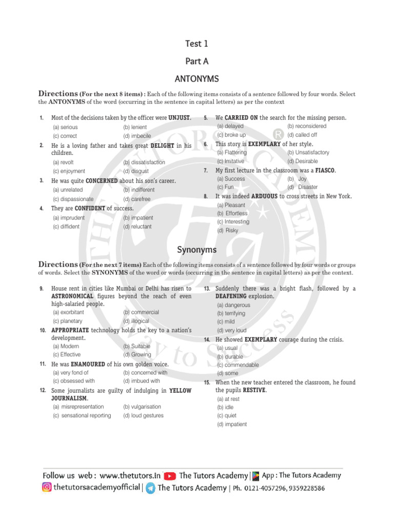 Antonyms, Synonyms, and Sentence Structure Test | PDF | Physical Phenomena