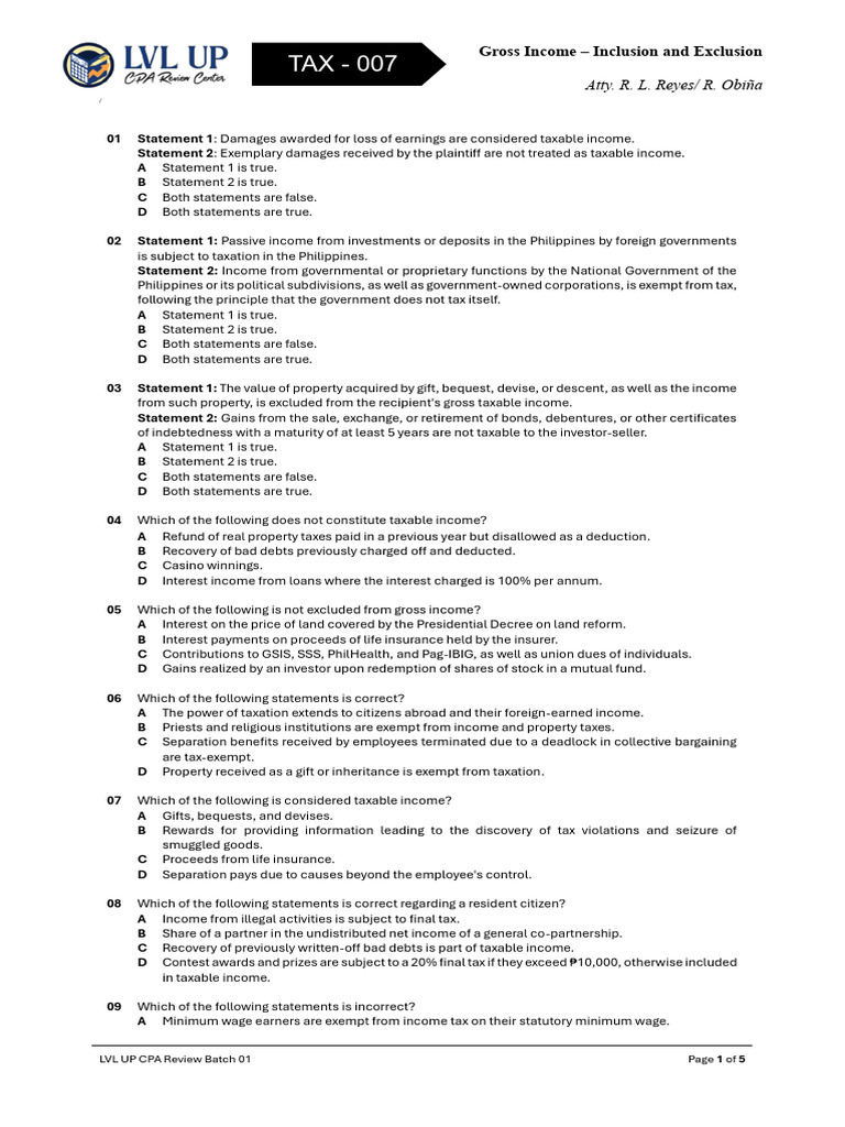 Taxable Income: Inclusion & Exclusion Guide | PDF | Lease | Gross Income