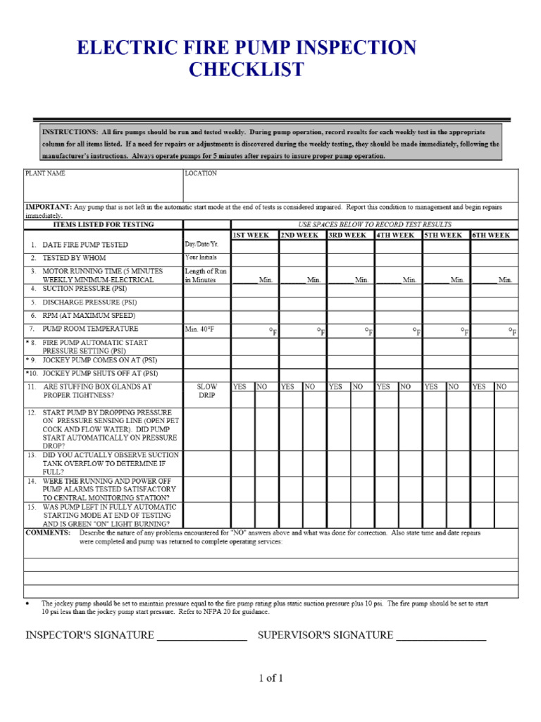Electric Fire Pump Inspection Checklist | PDF