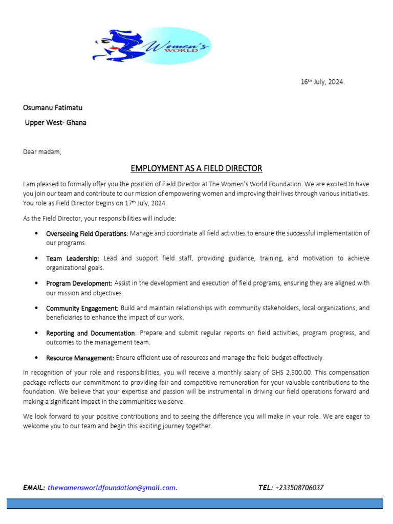 Field Director Job Offer Letter | PDF