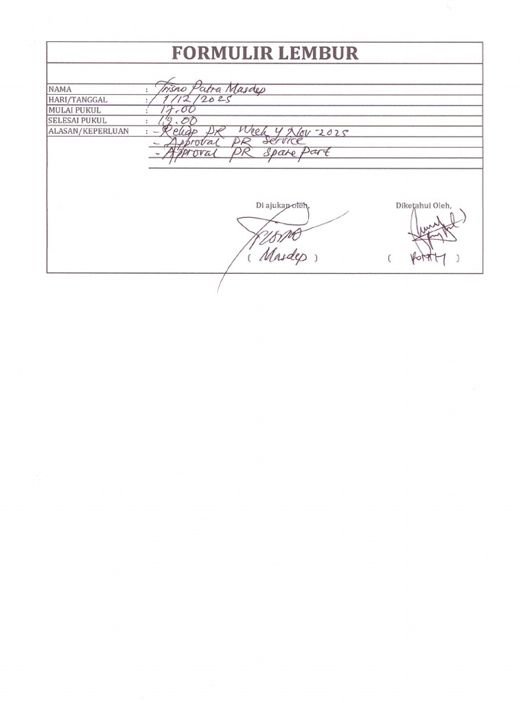 Form Lembur Wh 1 Desember 2025 | PDF