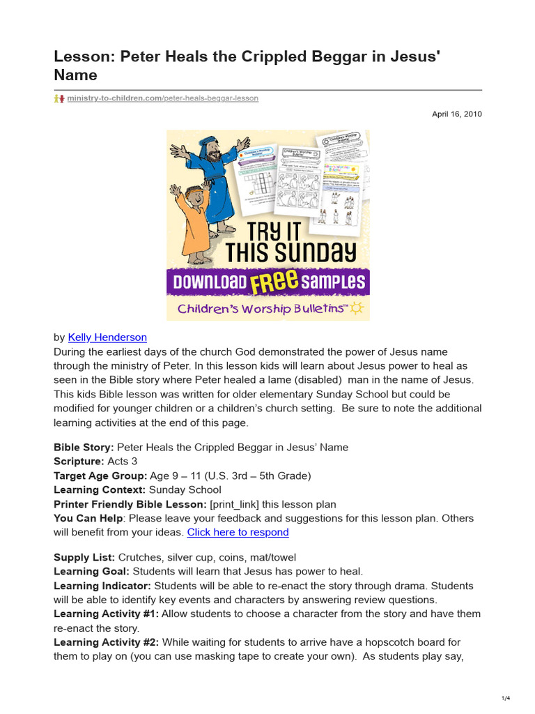 Peter Heals the Beggar Lesson Plan | PDF | Jesus | Prayer