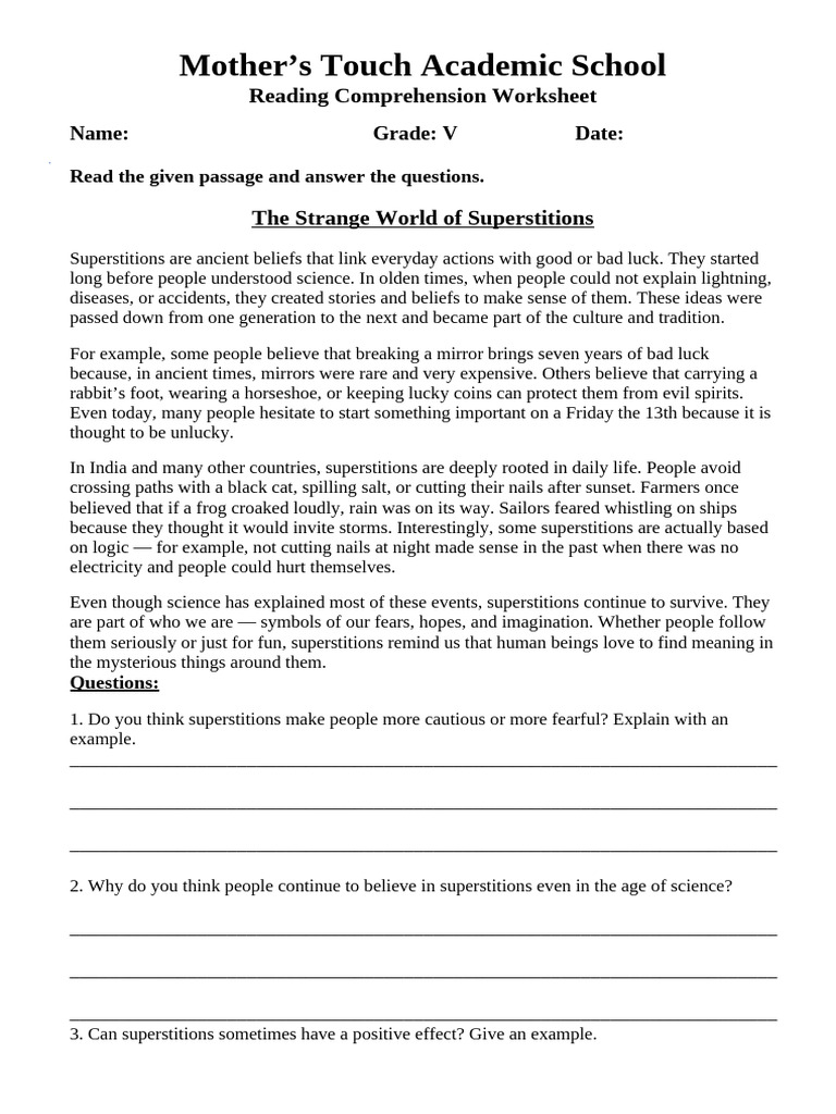Superstitions and Human-Animal Bonds Worksheet | PDF | Superstitions | Pet