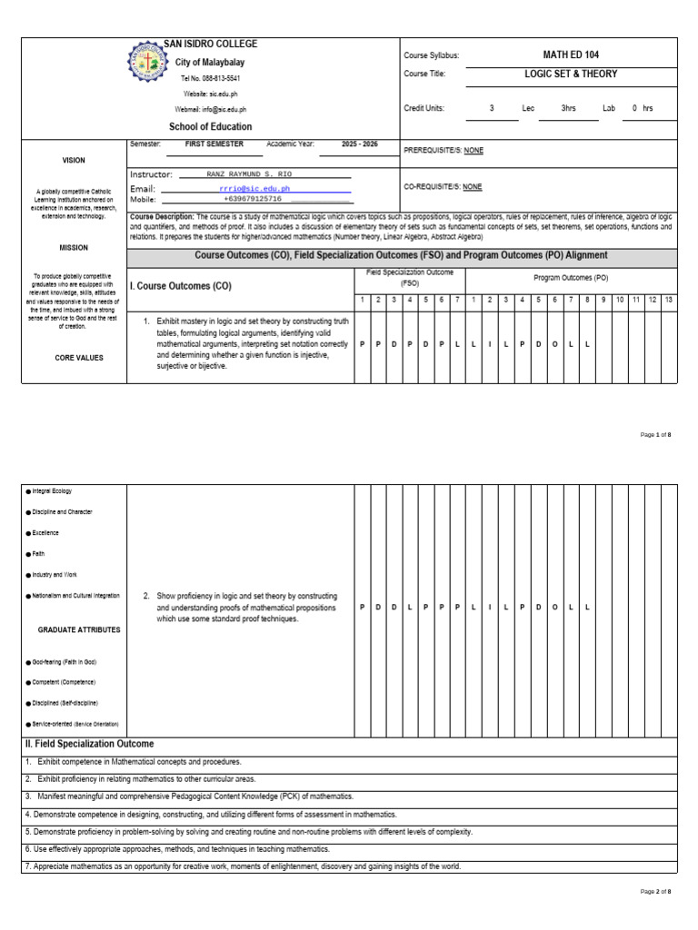 LP - MATH ED 104 (Syllabi) - Logic & Set Theory | PDF | Mathematics | Logic