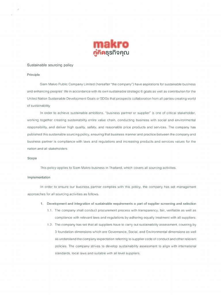 Sustainable Sourcing Policy | PDF