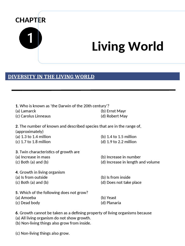 Diversity in Living Organisms Quiz | PDF | Taxonomy (Biology) | Species