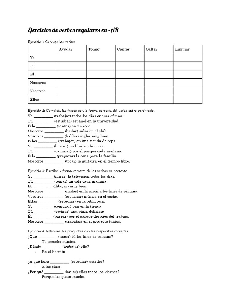 Ejercicios de Verbos Regulares en - AR | PDF