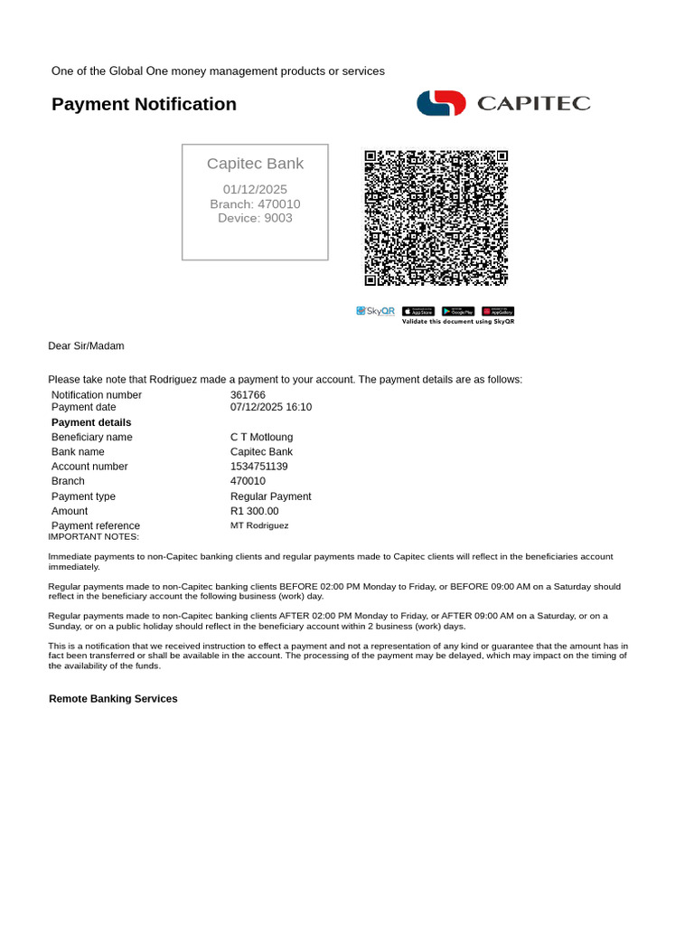 Capitec Bank Payment Notification | PDF