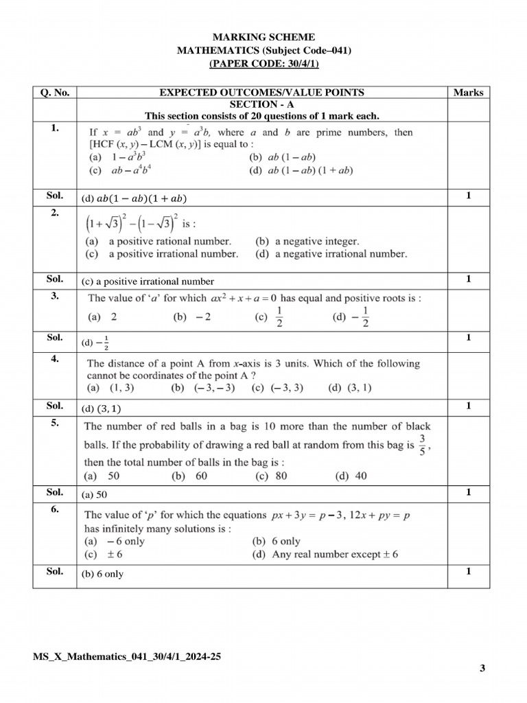 Answer Key 2024-25 Cbse Class 10 Maths Pyq-3 | PDF