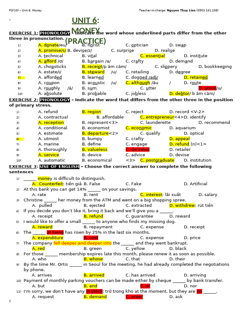 Unit 6-Money (Practice) (1) ANH VĂN CÔ LIÊN | PDF | Banks | Money
