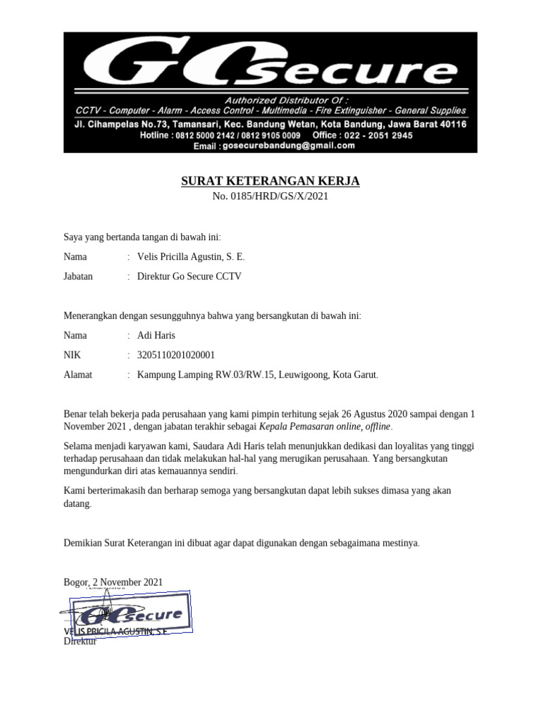 Surat Keterangan Kerja Adi Haris | PDF