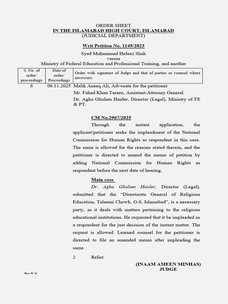 Syed Muhammad Hafeez Shah v. FG Order Dated 06.11.2025 | PDF | Public ...