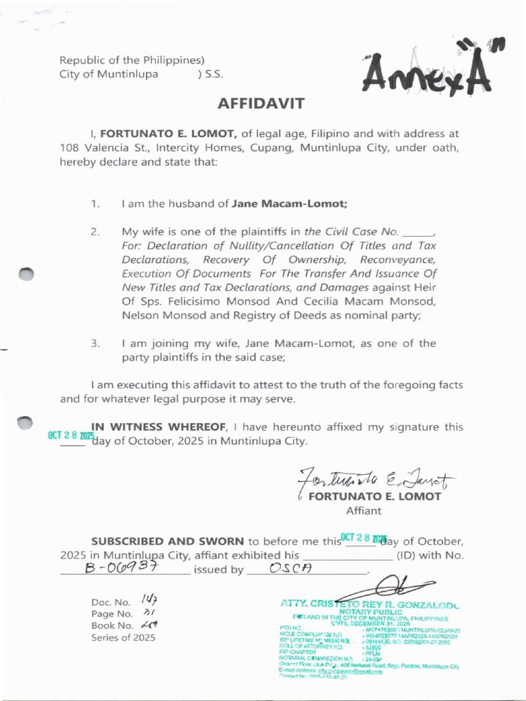 Annex A_Affidavit of Fortunato Lomot_Complaint _ Civil Case No. MeTC-M ...