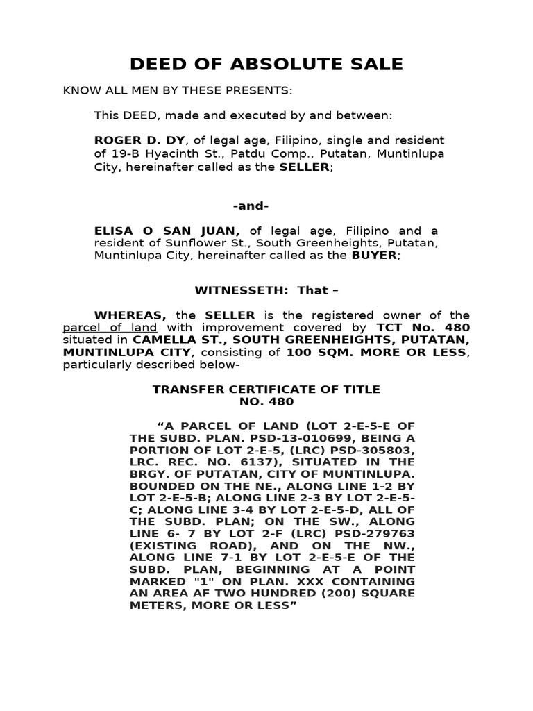 Deed of Absolute Sale - Roger Dy | PDF | Law And Economics ...