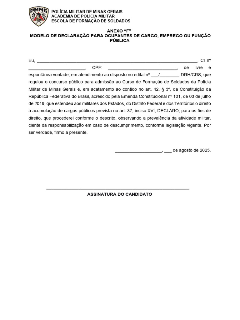 Declaração para Candidatos PMMG | PDF