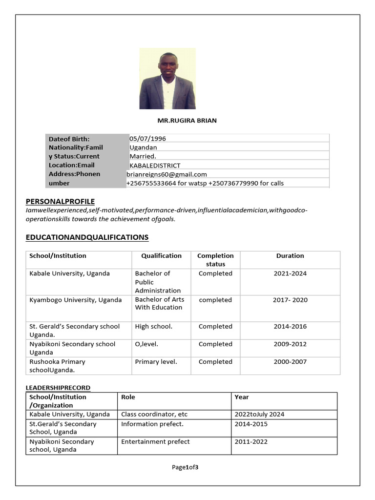 Rugira Brian Resume Updated-2 | PDF | Uganda | Behavior Modification