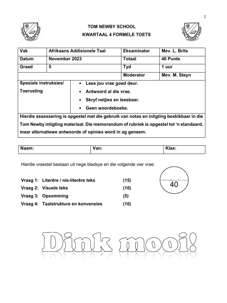 Grade 5 Afrikaans Script November 2023 Tom Newby School | PDF