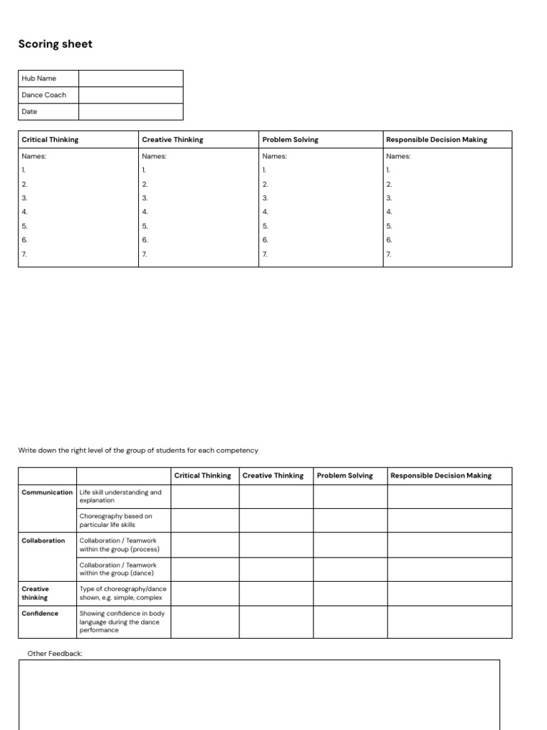 Dance Skills Assessment Scoring Sheet | PDF