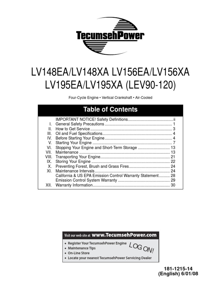 Tecumseh LEV 100 Engine | PDF | Internal Combustion Engine | Electrical ...