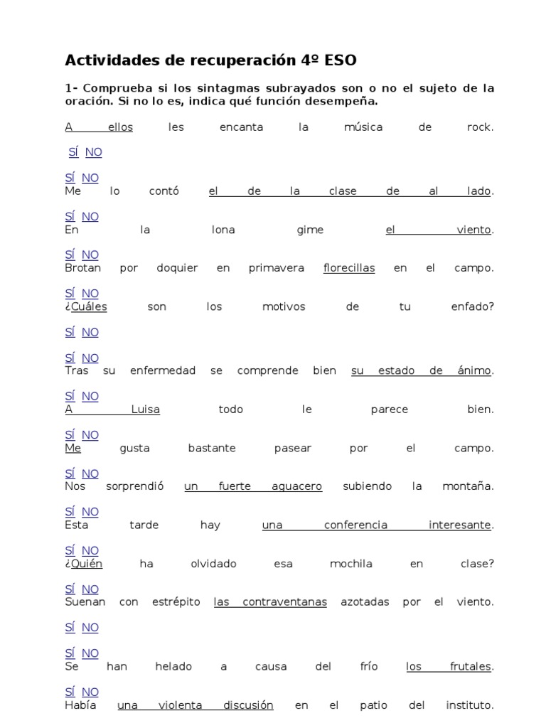Ejercicios Sintaxis 4º Eso Recup | PDF | Idiomas Ejercicios Sintaxis 4º Eso Recup | PDF | Idiomas
