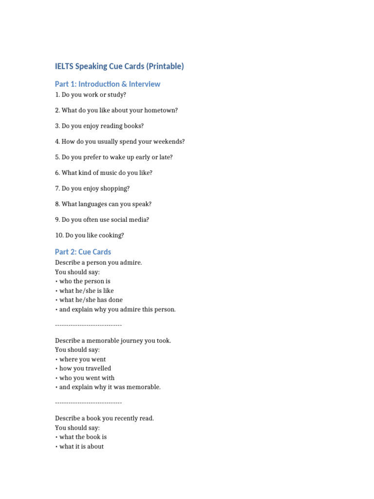 Printable IELTS Speaking Cue Cards | PDF