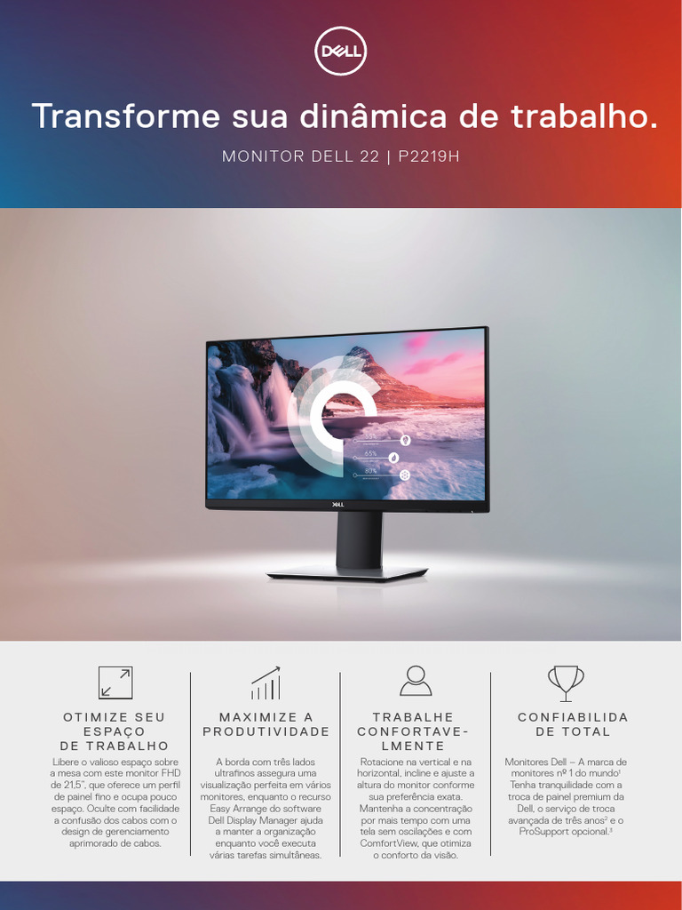 Monitor Dell P2219H: Produtividade e Conforto | PDF | USB | HDMI