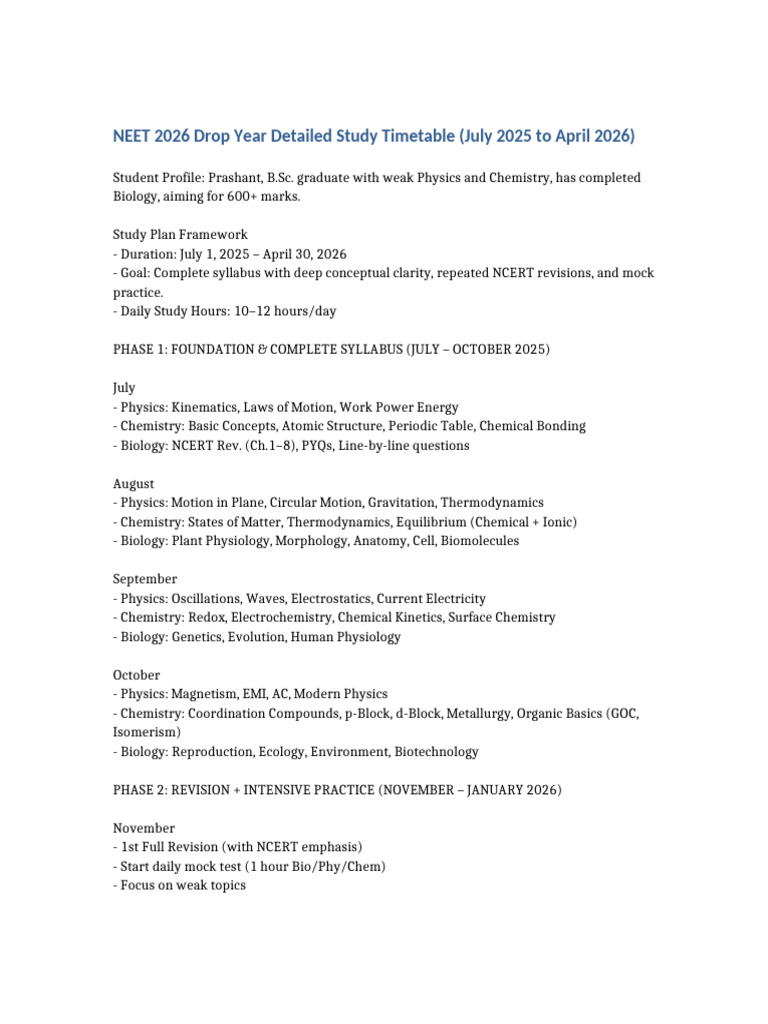 NEET 2026 Study Timetable Guide | PDF