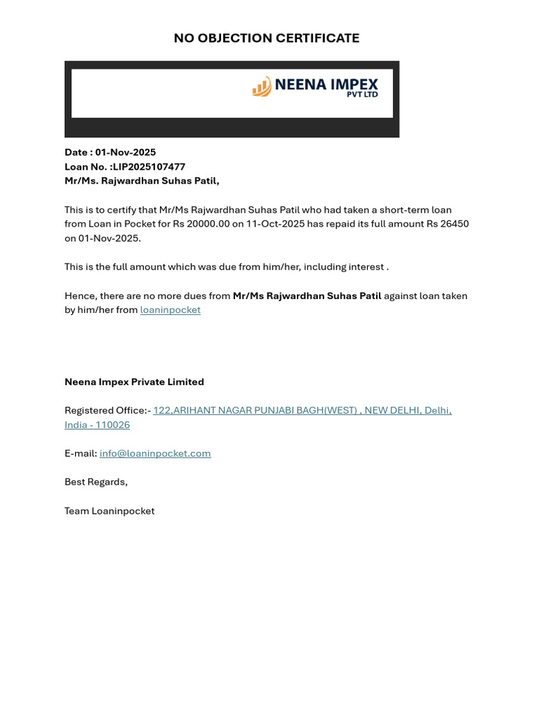 Loan in Pocket Noc | PDF