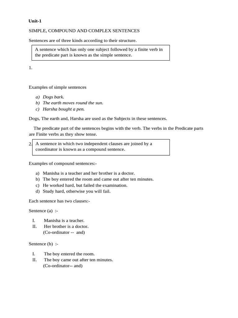 Simple Compound and Complex Sentences | PDF | Subject (Grammar) | Verb