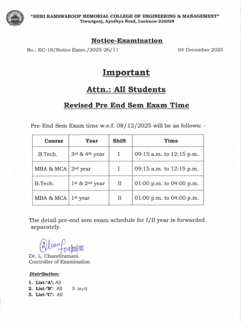 Revised Exam Time - Pre End Semester | PDF
