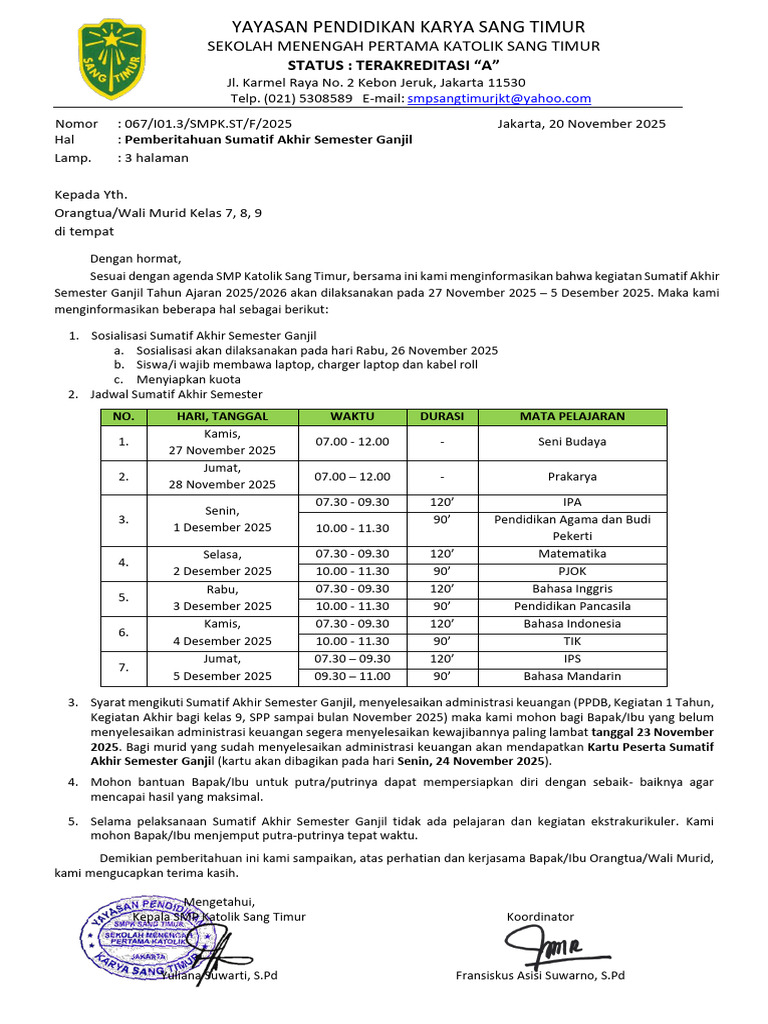 Jadwal dan Panduan SAS Ganjil SMPK Sang Timur | PDF