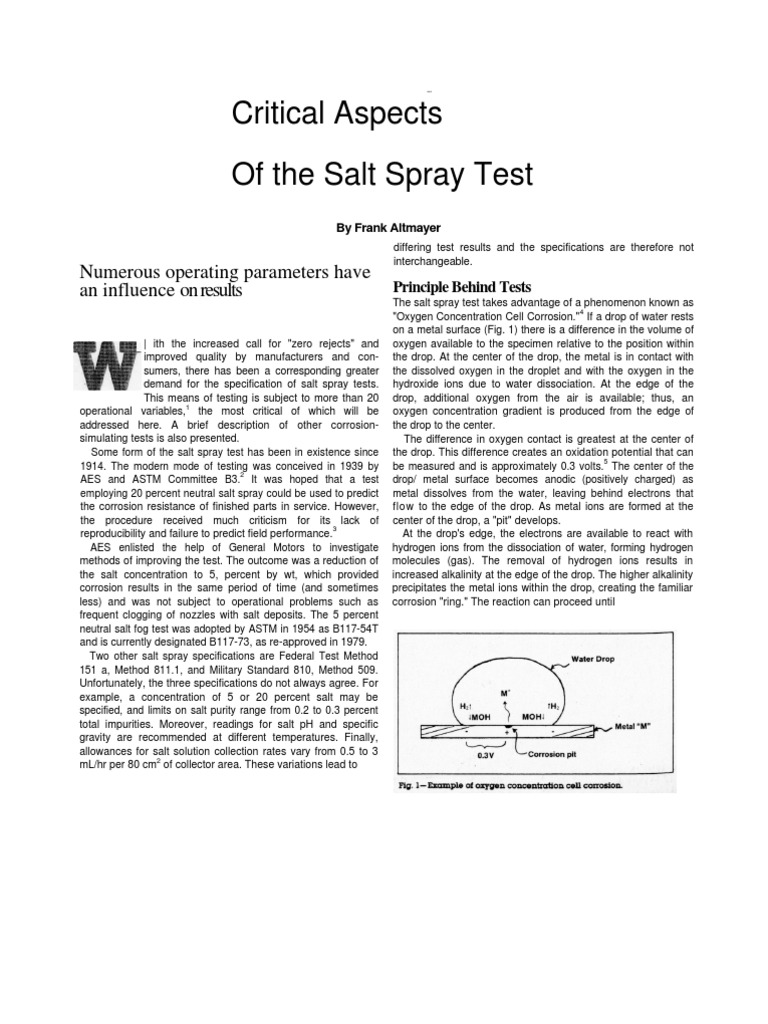 Critical Aspects of The Salt Spray Test (ASTM B117 Altmayer 1985) | PDF ...