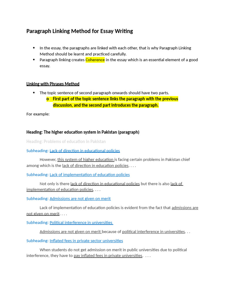 Paragraph Linking Method For Essay Writing | PDF