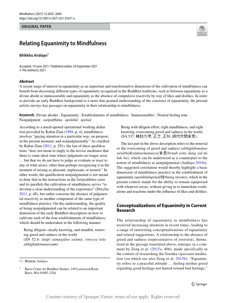 Relating Equanimity To Mindfulness (2021) | PDF | Mindfulness | Sati ...