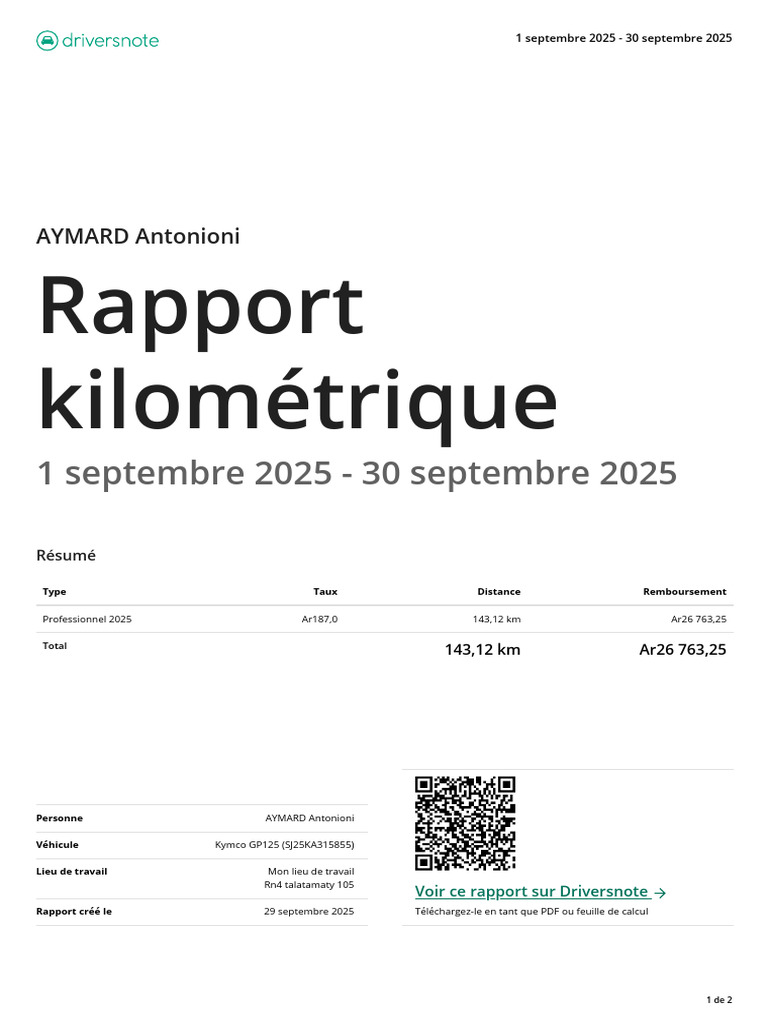 Rapport kilométrique AYMARD 09/2025 | PDF