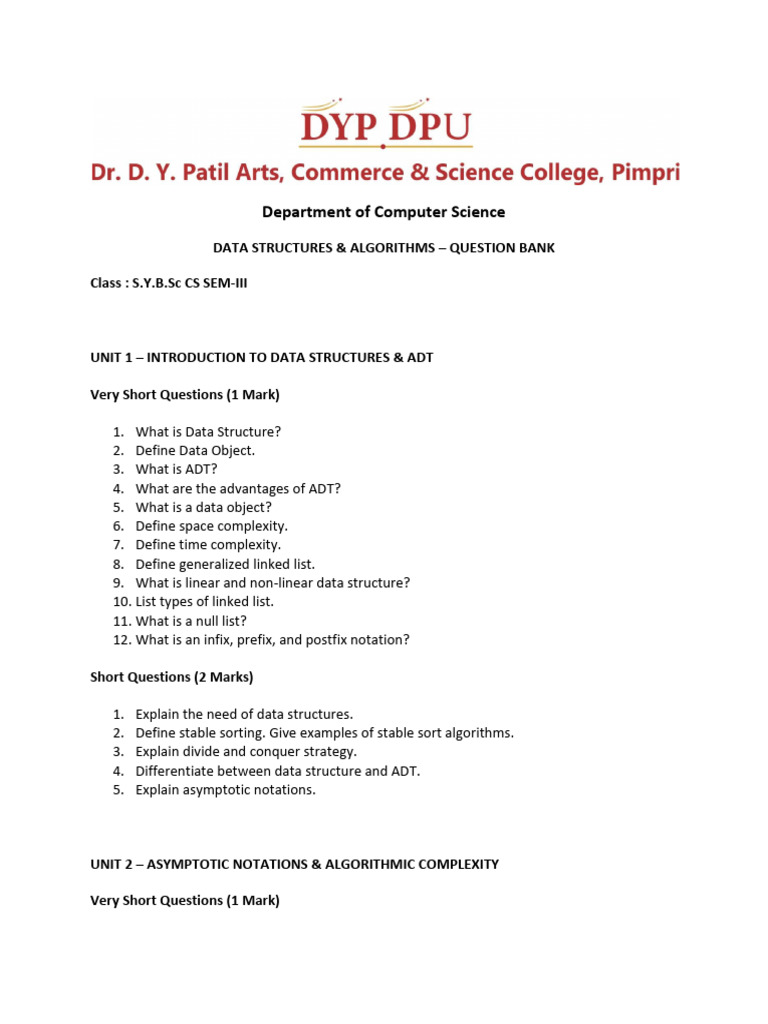 Data Structure Question Paper S.y.bsc Cs Sem 3rd | PDF | Queue ...
