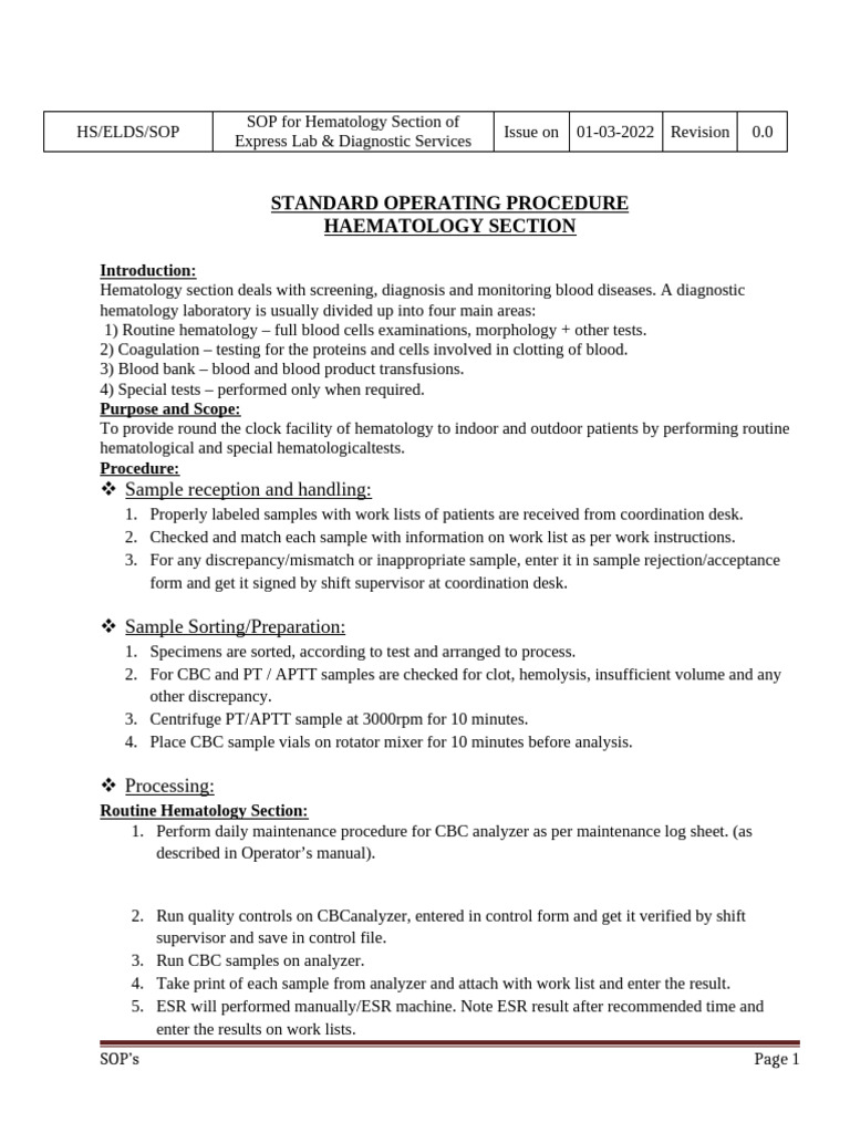 Hematology SOP for Express Lab Services | PDF | Hematology | Medicine