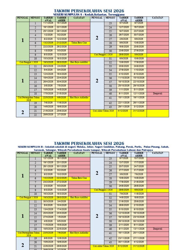 Takwim Minggu Persekolahan 2026 | PDF