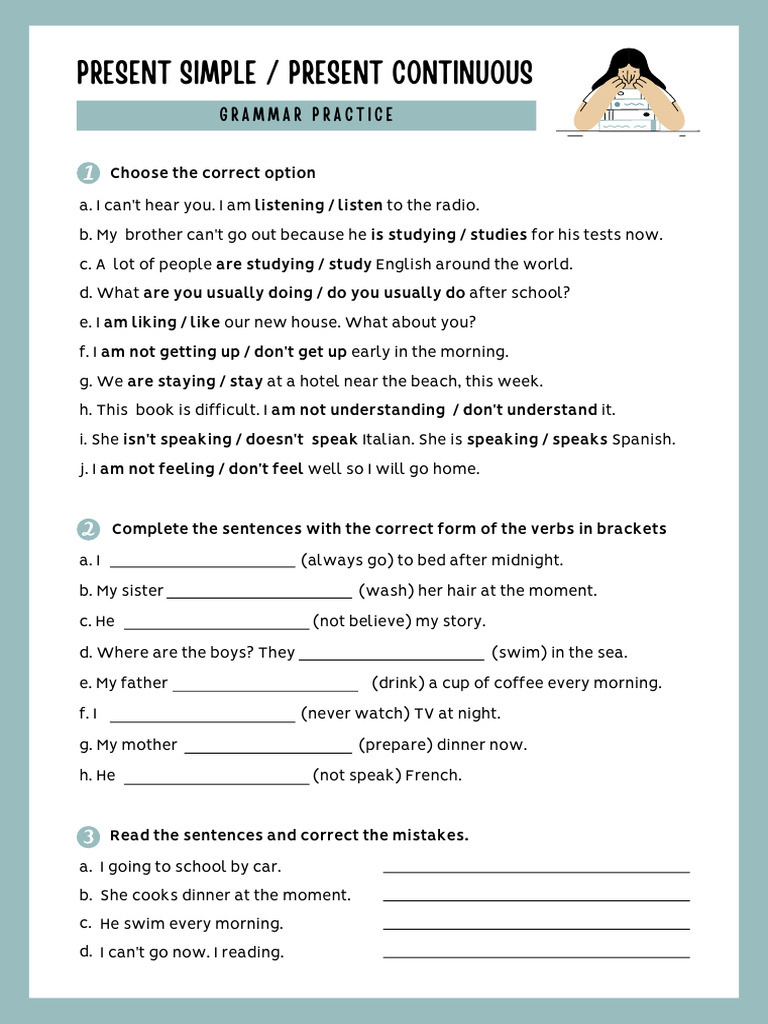 Present Simple and Present Continuous Grammar Practice Worksheet in ...