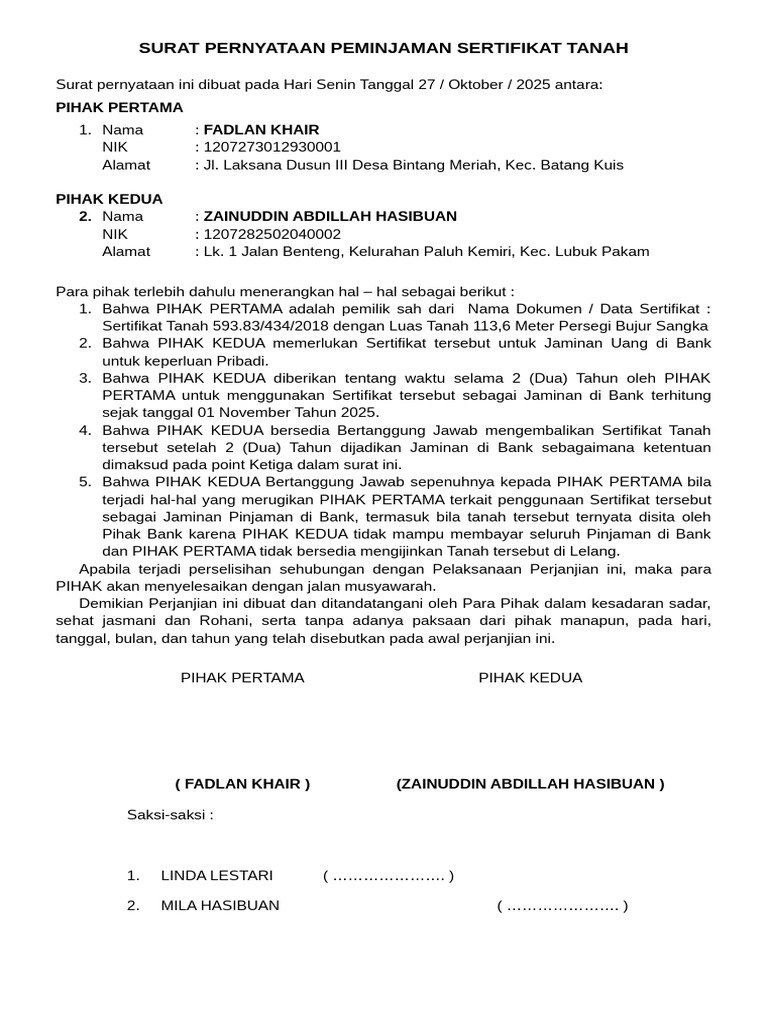 Surat Peminjaman Sertifikat Tanah | PDF