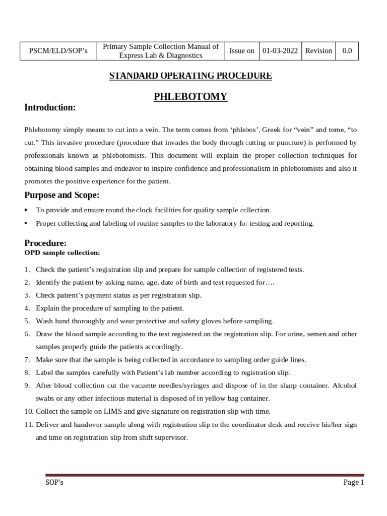 Phlebotomy SOP's | PDF | Health Care | Medicine
