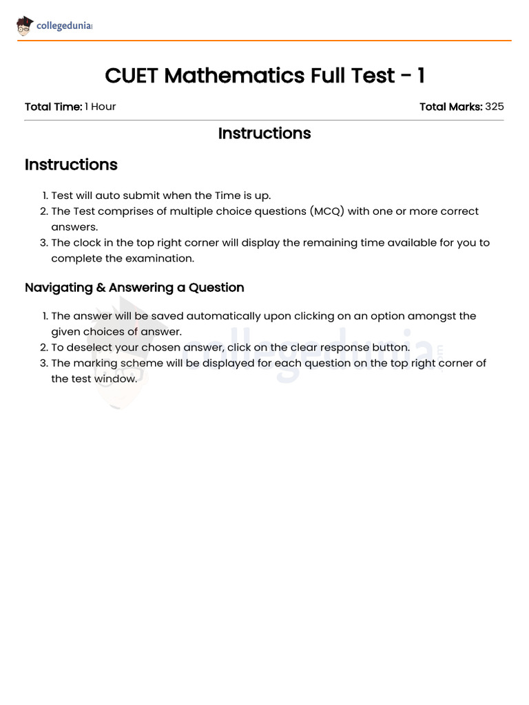 BG CUET Mathematics Full Test - 1 | PDF | Slope | Applied Mathematics