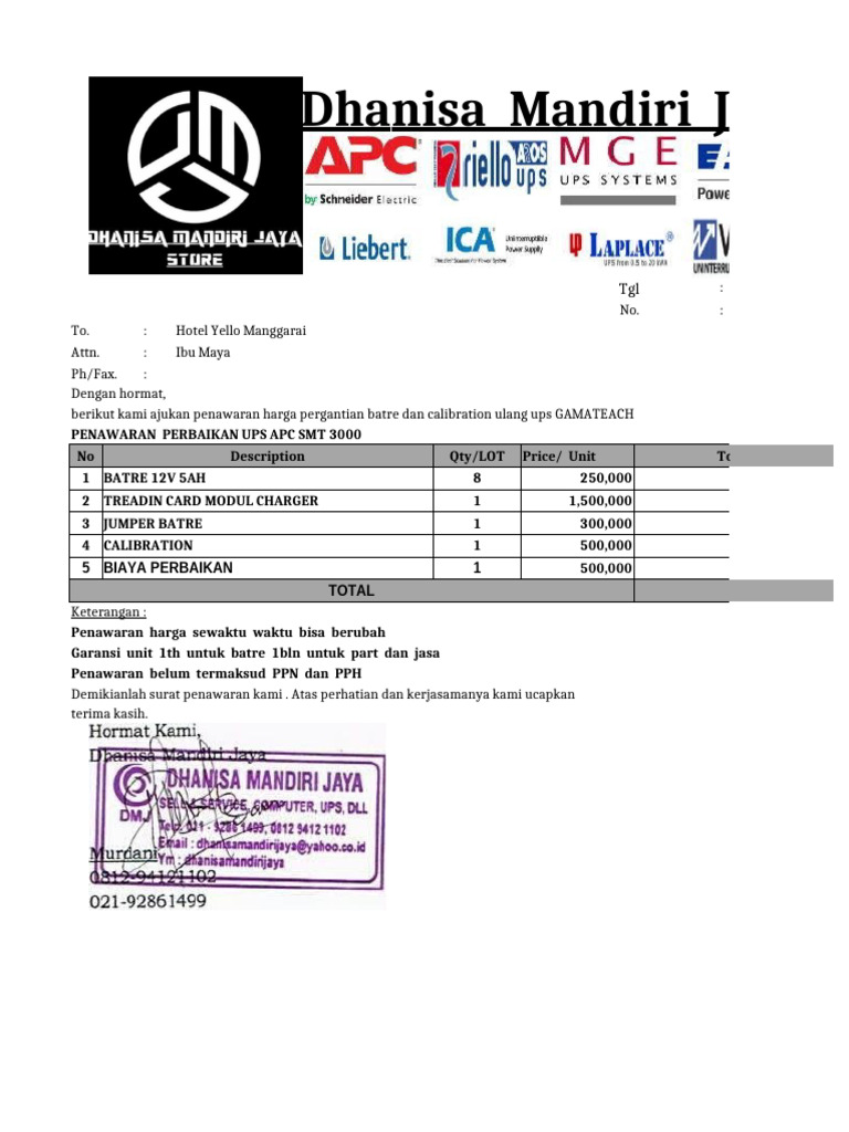 Penawaran Perbaikan UPS APC SMT 3000 | PDF