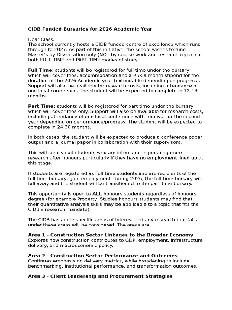 CIDB Bursaries for 2026 Master's Research | PDF | Capacity Building ...