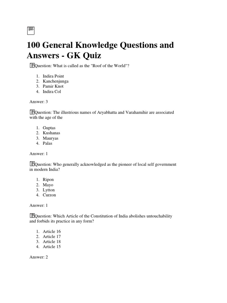 100 General Knowledge Questions and Answers | PDF | Silicon ...