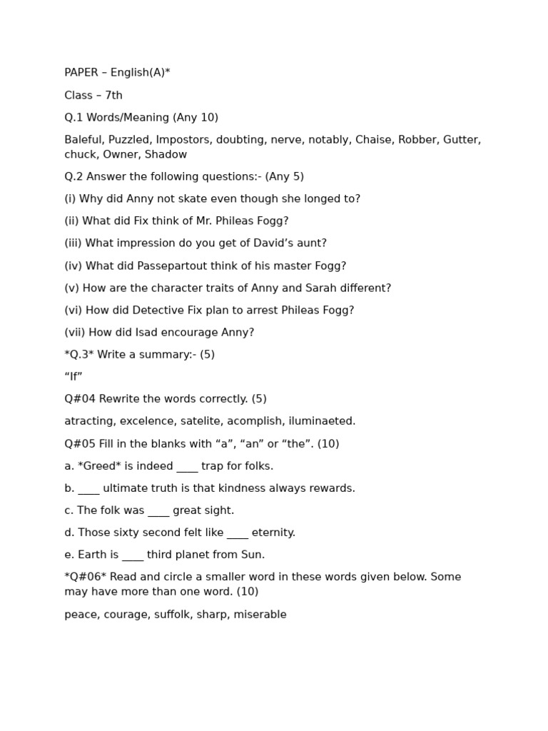 7th Grade English Paper: Vocabulary & Questions | PDF